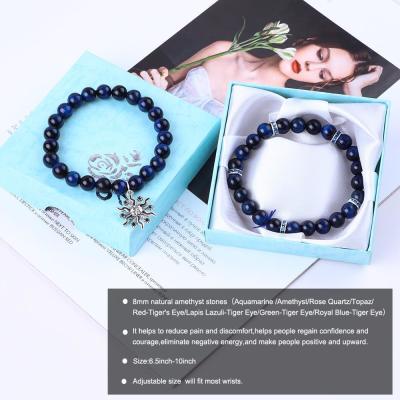 Cina Elastico Rotondo Blu scuro 8mm Occhio di tigre Gemstone Bracelet Energia curativa Gioielli di fascino in vendita