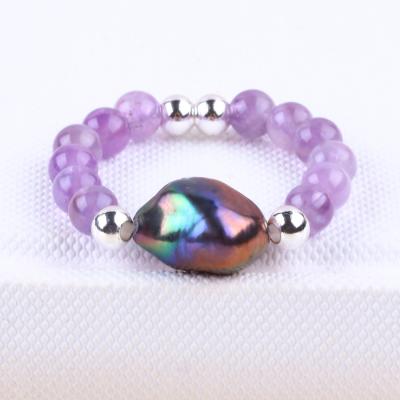China 4mm Handmade Gemstone Beaded Ring Adjustable Elastic Sodalite Stone Ring With Peal Charm For Party Daily Wearing for sale
