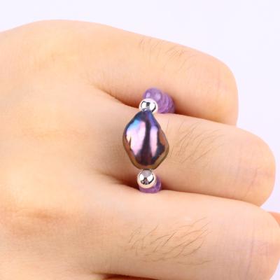China 4mm Handmade Gemstone Beaded Ring Adjustable Elastic Sodalite Stone Ring With Peal Charm For Party Daily Wearing for sale