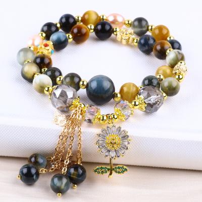 China Unique 8MM With Dream Tiger Eye SunFlower Spinner Charm  Blessing Crystal Double Layer Bracelet for sale