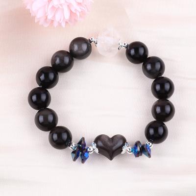 China Handmade Gemstone Beaded Bracelet Natural Silver Sheen Obsidian Stone Bracelet Adjustable Heart Charm Bracelet For Party for sale