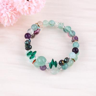 China Custom DIY Fluorite Crystal With Fluorite Rose Flower Carving 8MM Round Bead Adjustable Bangle for sale