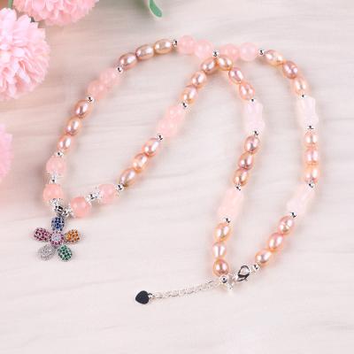 Cina Collare perla di acqua dolce rosa quarzo 6mm perline cristallo maglione collare in vendita