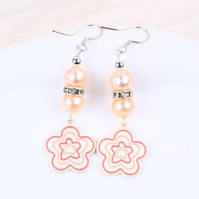 China 8mm Beads Pink Freshwater Pearls Dangle Hook Earrings Flower Charm for sale