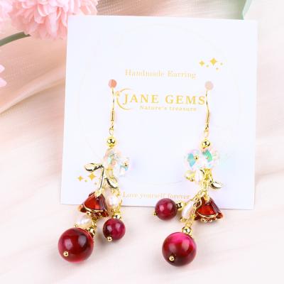 Cina 10MM 8MM Rosso Rosso Tigre Occhio Cristallo E Perla Bianca Con Rosa Fiore Dangle Lungo Orecchino Per Festa E Indossare Ogni Giorno in vendita