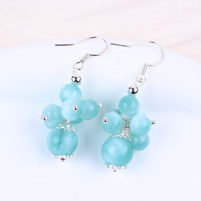 Cina Fatto a mano Lago leggero Giada blu Guarigione spirituale Ronda Perla Fiore Dangle Orecchino Per Gioielli Regalo in vendita