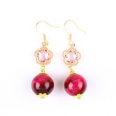 China 14MM Rose Red Tiger Eye With Pink Flower Charm Round Shape Short Drop Earring For Party Gift for sale