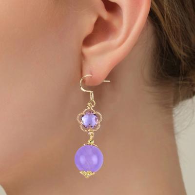 China Handmade Crystal Stone Earrings Purple Chalcedony Gemstone Beaded Pendant Earrings Healing Crystal Stone  Earrings for sale