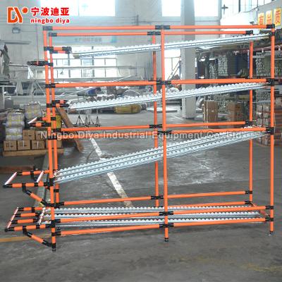 China PE Coated FIFO Storage Shelf Yellow Lean Pipe Heavy Duty Pallet Roller Racking for sale