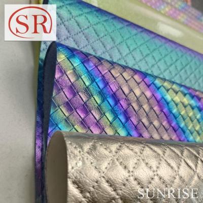 China Woven Embossed Faux Leather Iridescent Weave Holographic PVC/PU Leather Fabric for DIY Handbags Projects for sale