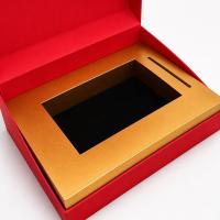 China Custom Red Soft Touch Flip Gift Box with EVA Gold Card Insert for sale