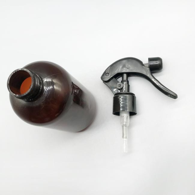 AmberLarge Boston Round PET Plastic Bottles with black Heavy Duty Industrial Trigger Sprayer