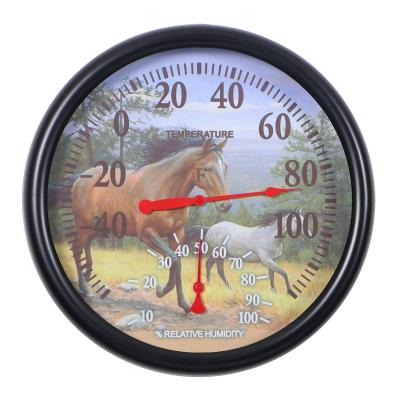 China 10”Black Plastic Thermometer with Hygrometer-horse for sale