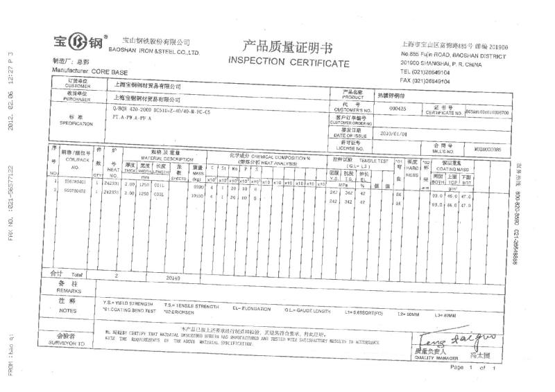 INSPECTION CERTIFICATE - TOPELE ENTERPRISE CO.,LTD