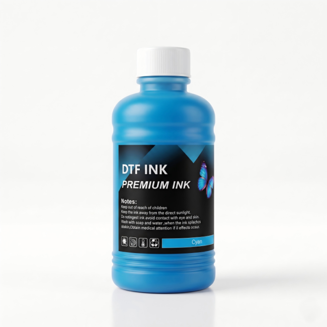 250ml DTF Cyan Ink bottle for textile transfer printing