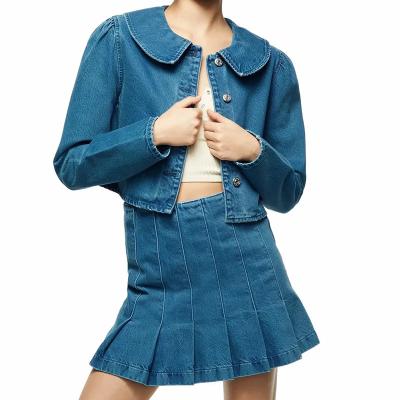 China Singolo rivestimento blu scuro dolce del denim di Breasted breve con di giro il collare giù for sale