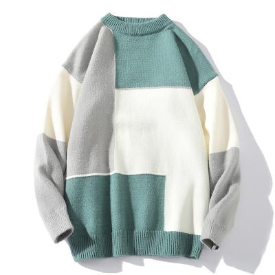 Cina Maglione di grande misura tricottato blocco nero bianco acrilico di colore verde del maglione del collo di squadra degli uomini in vendita