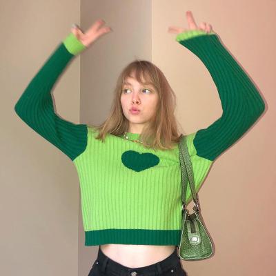 Cina Viscosa lunga del maglione della manica della O della ragazza su ordinazione del collo due pezzi superiori con cuore in vendita