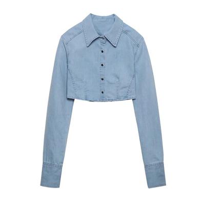 China Abbigliamento su ordinazione blu del denim di Jean Jacket Sexy Dew Waist del bottone del metallo di Chunxia for sale