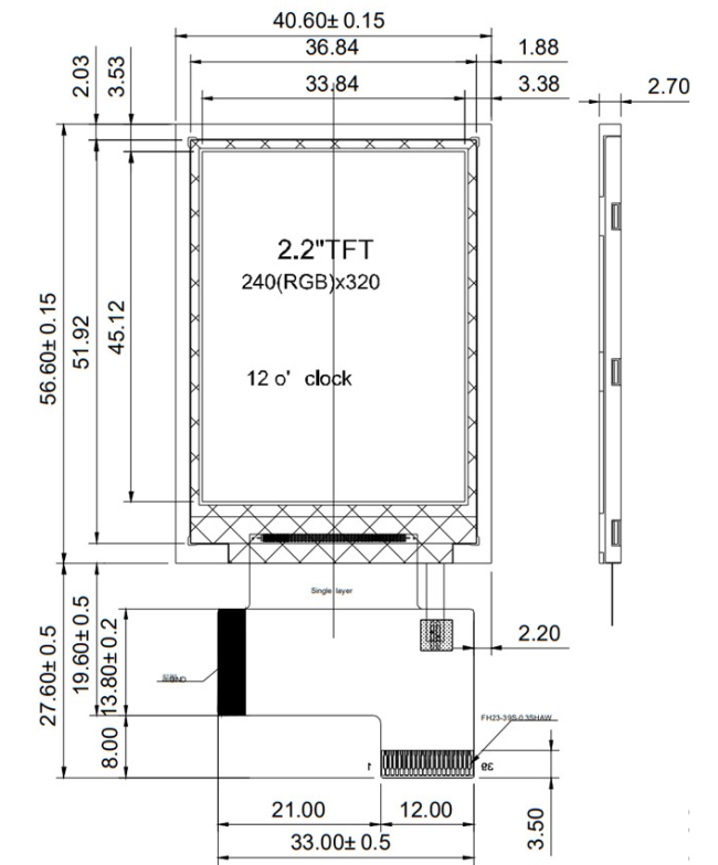 2.2 inch TFT display technical drawing and dimensions