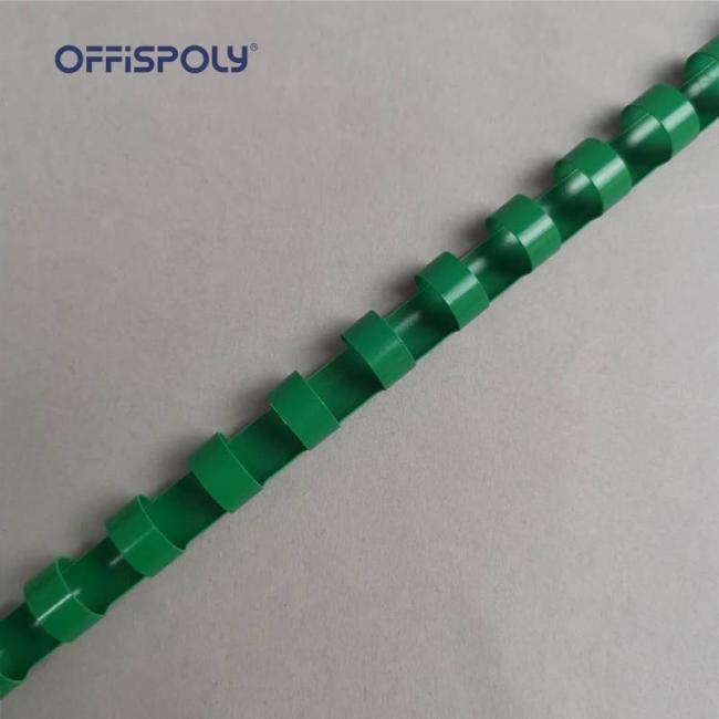Close-up view of green plastic binding comb rings showing detailed ring structure