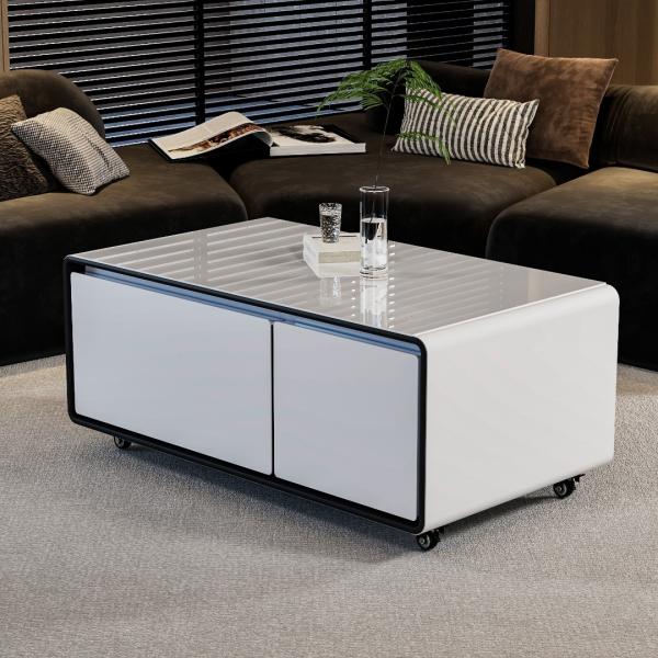 Wireless Charging Modern Smart Coffee Table with Refrigerator and Tempered Glass Top