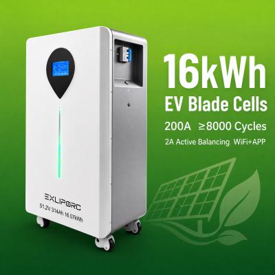 China EXLIPORC LVB16WTC 16kWh LiFePO4 Solar Battery with EV Blade Cells, 8000+ Cycles and Active Balancing BMS for Home Energy Storage for sale