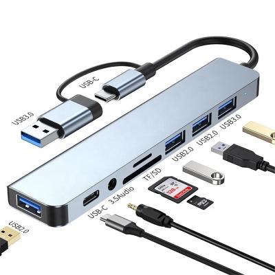 중국 8-인-1 USB 3.0 허브 3*USB 2.0 3.5mm 오디오 SD/TF 카드 리더 출력 데이터 전송 및 충전 판매용