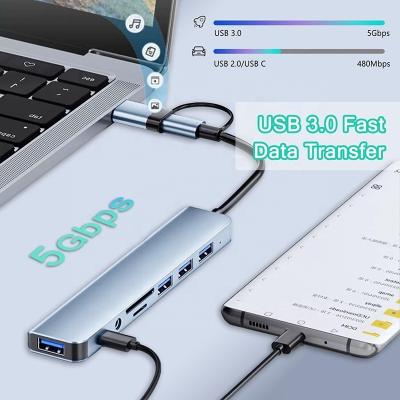 중국 8-인-1 USB 3.0 허브 3*USB 2.0 3.5mm 오디오 SD/TF 카드 리더 출력 데이터 전송 및 충전 판매용