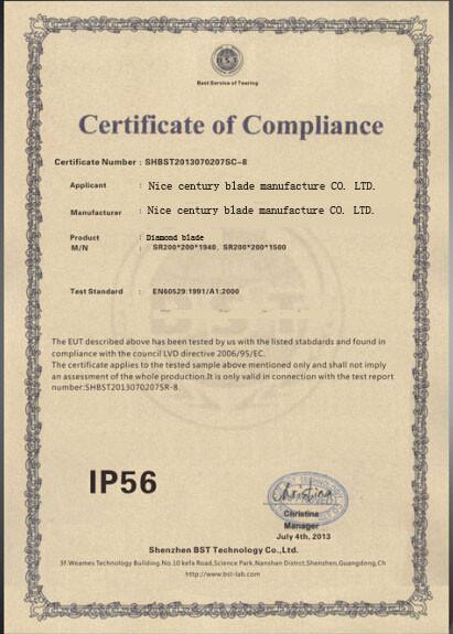 CERTIFICATE OF COMPLIANCE - SIMBA DIAMOND BLADE MANUFACTURE CO,.LIMITED