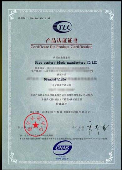CERTIFICATE FOR PRODUCT CERTIFICATION - SIMBA DIAMOND BLADE MANUFACTURE CO,.LIMITED