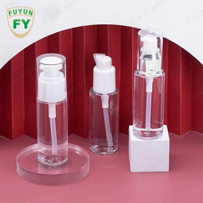 China Fuyun instock 50ml flat shoulder clear plastic toner lotion pump bottle Te koop