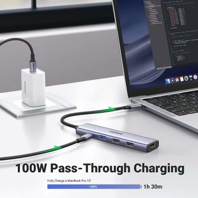 中国 USB C ハブ 5 in 1 USB C to HD-MI スプリッター 3 USB A 3.0 ポートと 5Gbps タイプ C データ ポート, 4KHDMI ポート, PD 100W 充電 販売のため