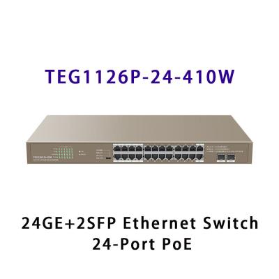China Tenda Gigabit POE Switch TEG1126P-24-410W 24GE 2SFP Ethernet Switch with 24-Port PoE Capacity 48G 440.0mm*284.0mm*44.0mm for sale
