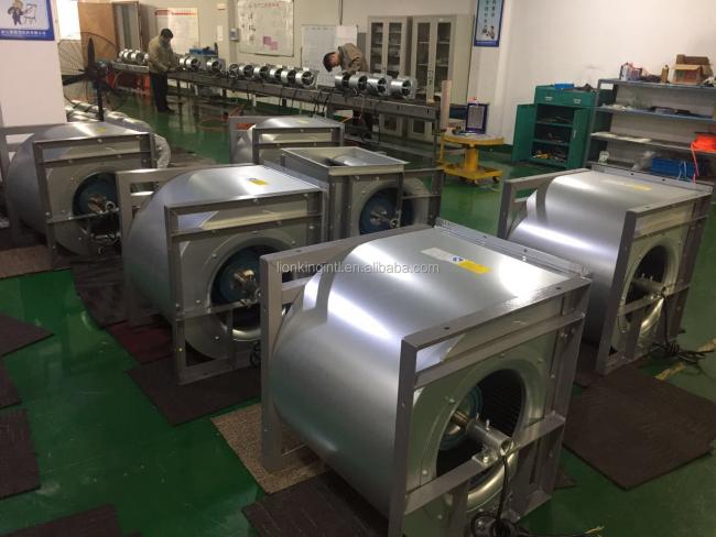 Double-inlet high-efficiency centrifugal fans with external direct-drive motors and impellers with forward-curved blades