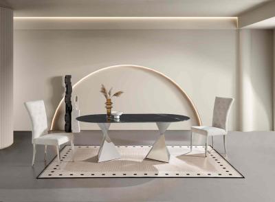 China T1028 Designer Black Marble Oval Dining Table with Cross Mirror Silver Metal Legs for sale