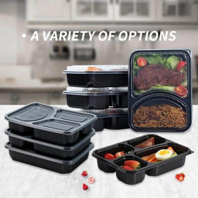 China Packaging 3 Compartments Takeout Boxes Black Microwave Plastic Lunch Box Food Containers Wholesale for sale