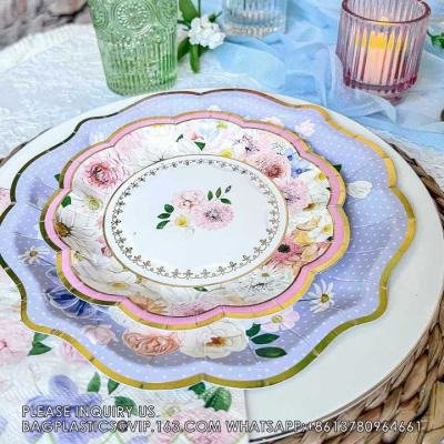 China Tea Party Paper Plates Customized Disposable Plates Sets Flower Paper Tableware Set For Tea Party for sale