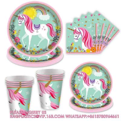 China Unicornio fiesta vajilla platos soportes de taza ducha de bebé de un solo uso vajilla de mesa juego de niños papel de fiesta de cumpleaños en venta