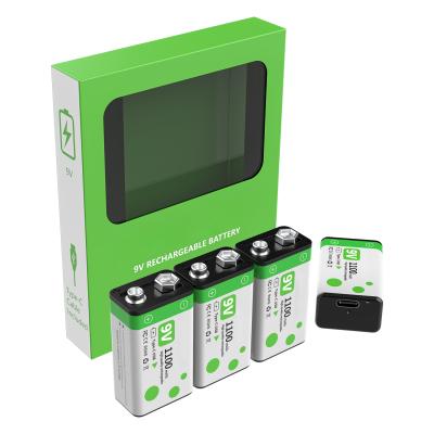 China 4-Pack 9V Rechargeable Batteries Lithium with 1100mAh High Capacity and Type-C Charging for 800 Cycles for sale
