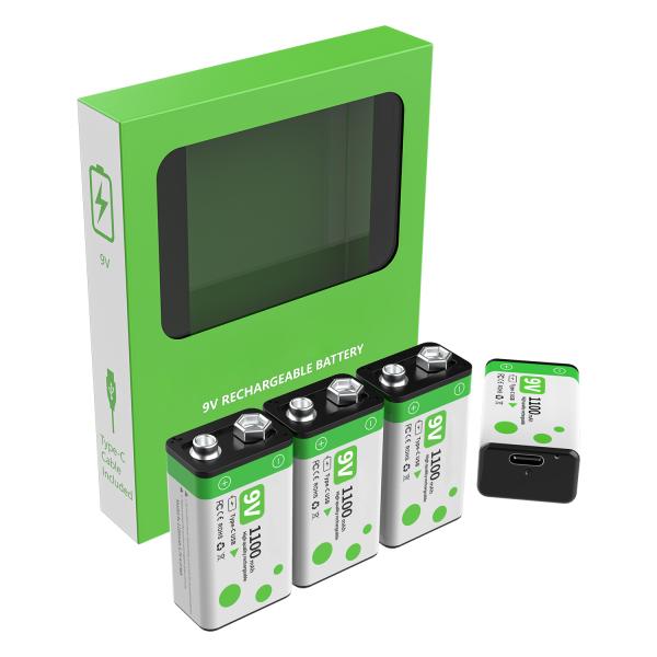 Quality 4-Pack 9V Rechargeable Batteries Lithium with 1100mAh High Capacity and Type-C Charging for 800 Cycles for sale