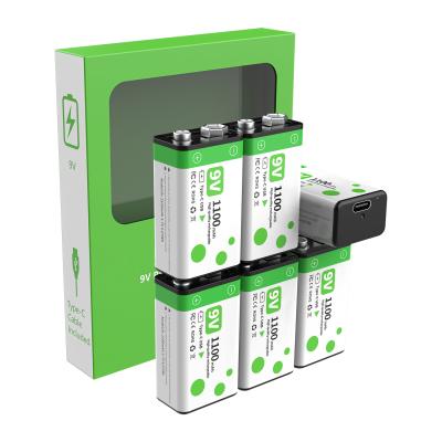 China 6-Pack 9V Rechargeable Batteries Lithium with 1100mAh High Capacity, 1200 Cycles, and Type-C Charging for sale