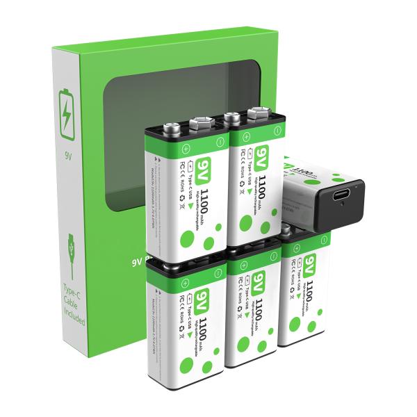 Quality 6-Pack 9V Rechargeable Batteries Lithium with 1100mAh High Capacity, 1200 Cycles, and Type-C Charging for sale
