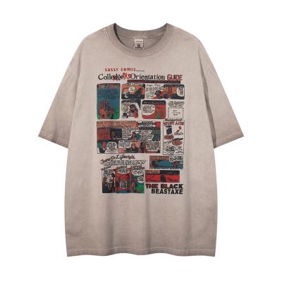China 230gms 100% Cotton Knitted Breathable Vintage Fun Illustration Hip-hop Short Sleeve Oversized T-shirt Men Women Casual Couple for sale