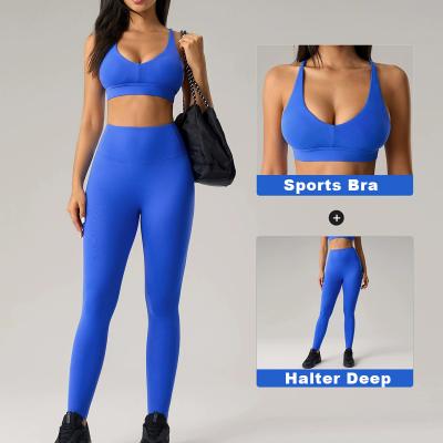 China Women 2Pcs Nude Feel Yoga Set, Push Up Crisscross Back Sports Bra & High Waist Peach Butt Lifting Fitness Leggings for sale