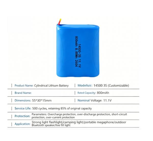 Quality 11.1V 800mAh 14500 3S Battery Pack For Flashlights Camping Lights Live Fill Lights for sale