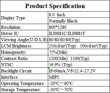 8.0 inch IPS TFT LCD display side view