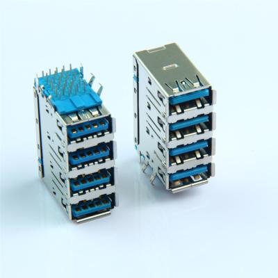 China USB3.0/3.1 Type A Female Connector, 4-Layer Stacked 90° Horizontal DIP 36Pin Full Shielded Socket, 5Gbps PCB Through Hole 4-Port Receptacle for sale