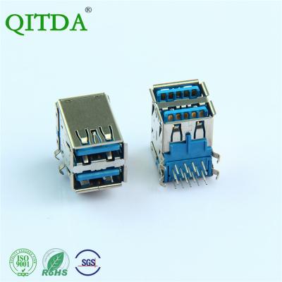 China USB3.0 Type A Female Connector, Double Layer Long Body L19.7mm 90° Horizontal DIP Bent Pin Shielded Socket, 5Gbps PCB Through Hole Receptacle for sale