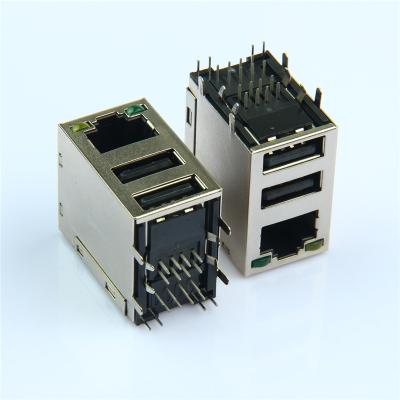 China Stacked Combo RJ45 + Dual USB2.0 Female Connector, Gigabit 1000Mbps Shielded Ethernet Jack with Integrated Transformer Filter & Link Activity Dual LED, DIP PCB Combined Network USB Socket for sale